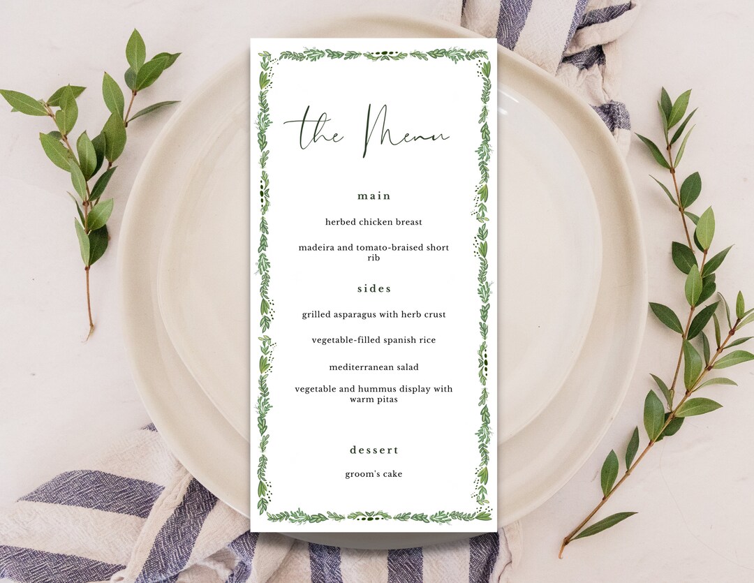 Watercolor Greenery + Floral Wedding Menu, Watercolor Event Menu ...