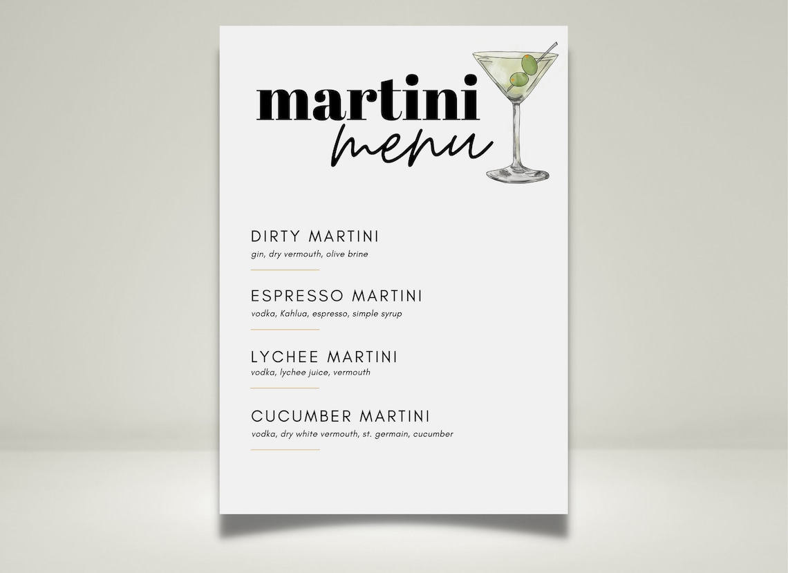 Martini Bar & Cocktail Menu Template Dirty Martini Party - Etsy