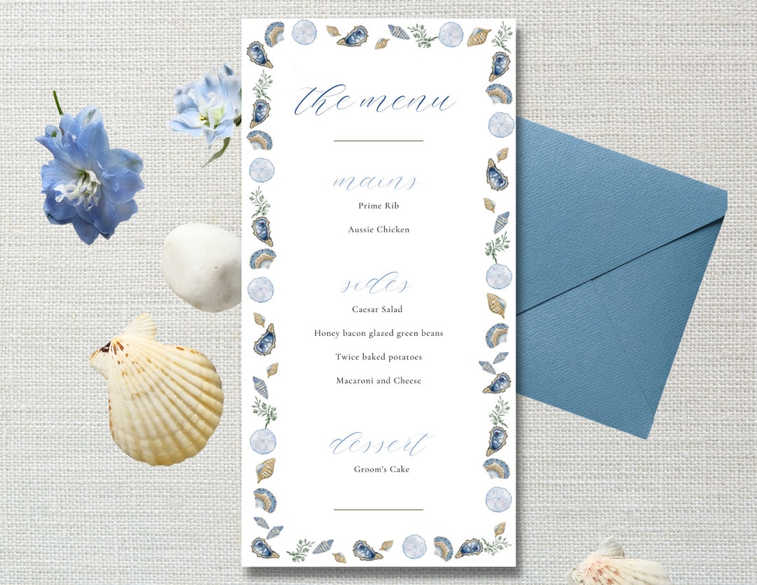Beach Wedding Menu, Seashell Watercolor Event Menu, Rehearsal Dinner ...