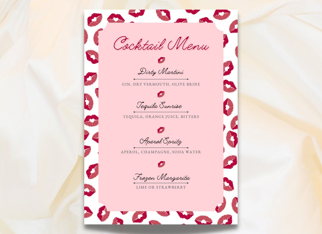 Pink Lips Kisses Cocktail Menu Template, Girly Birthday Party, Digital ...