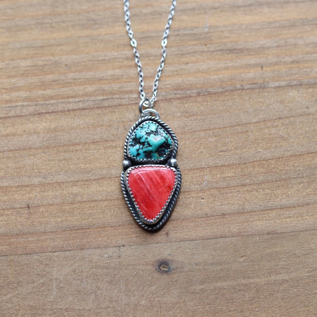 Spiny Oyster Shell and Alacron Turquoise Sterling Silver Pendant, One ...