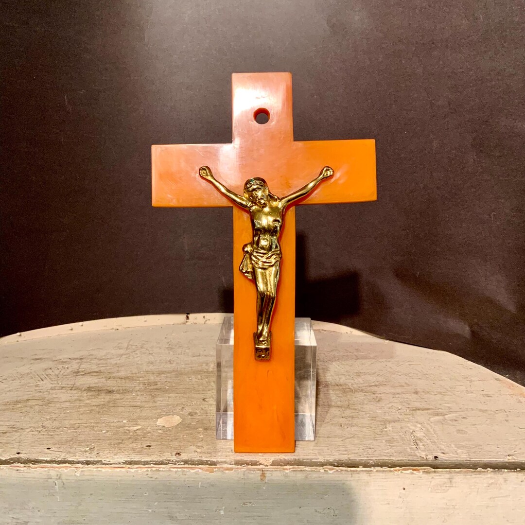 Vintage Large Bakelite Cross With Brass Crucifix, Butterscotch, Ca ...
