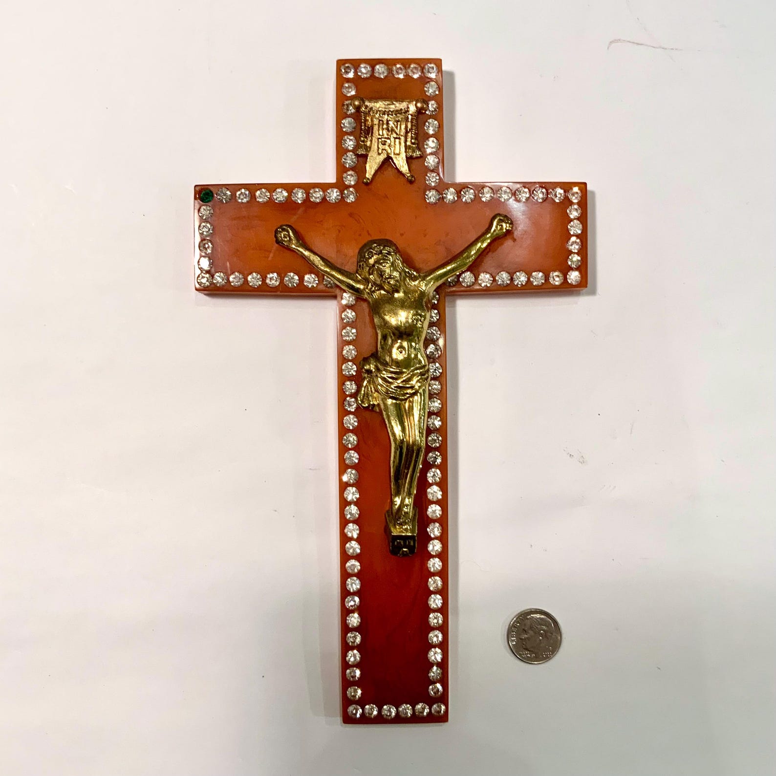 Vintage Large Bakelite Cross With Jewels and Crucifix, Butterscotch, Ca ...