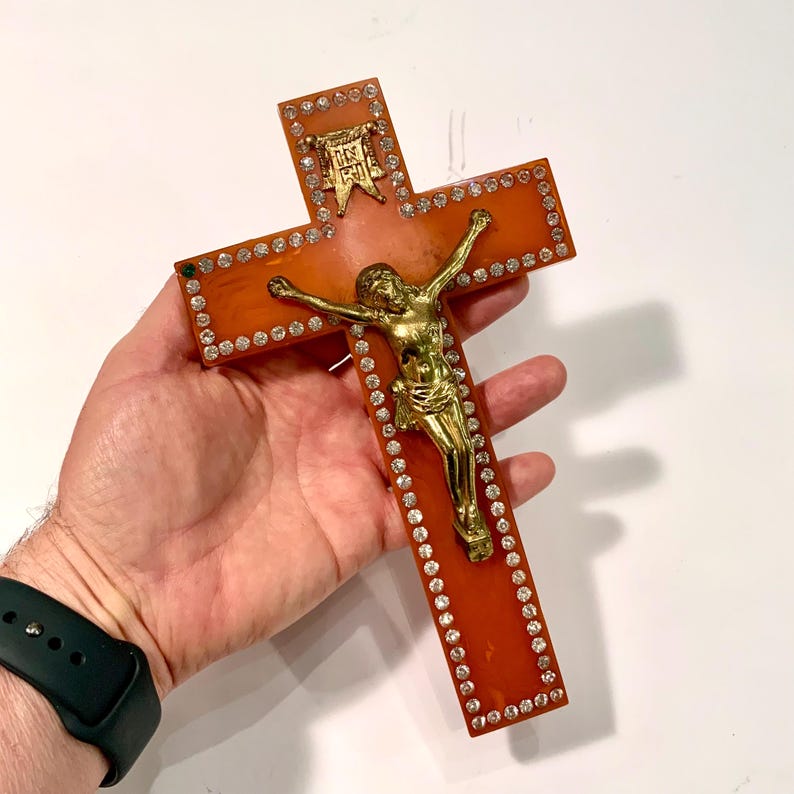 Vintage Large Bakelite Cross With Jewels and Crucifix, Butterscotch, Ca ...