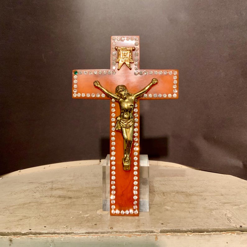 Vintage Large Bakelite Cross With Jewels and Crucifix, Butterscotch, Ca ...