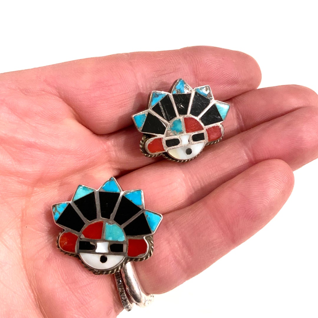 Vintage Zuni Sun Face Inlay Sterling Silver Earrings, Ca: 1930s. - Etsy
