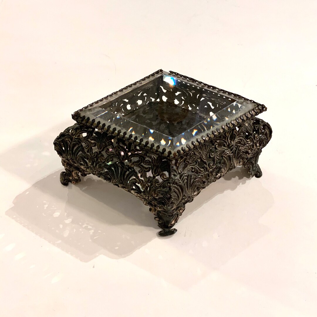 Victorian Jewelry Box, Filigree Metal With Beveled Glass Lid, Ca: 1890s ...