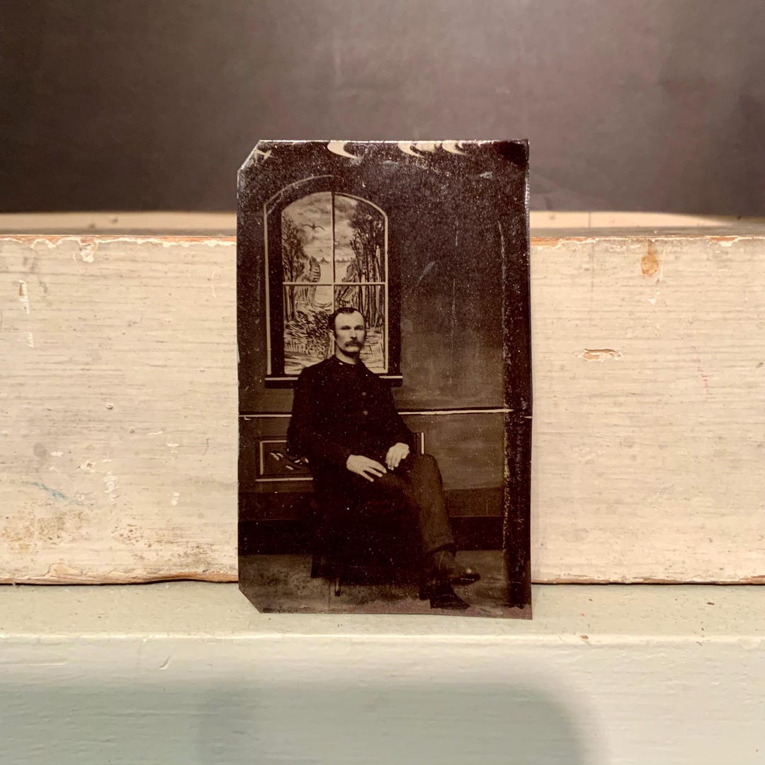 Antique Tintype With Man and Unusual Painted Backdrop, Ca: 1870s. - Etsy