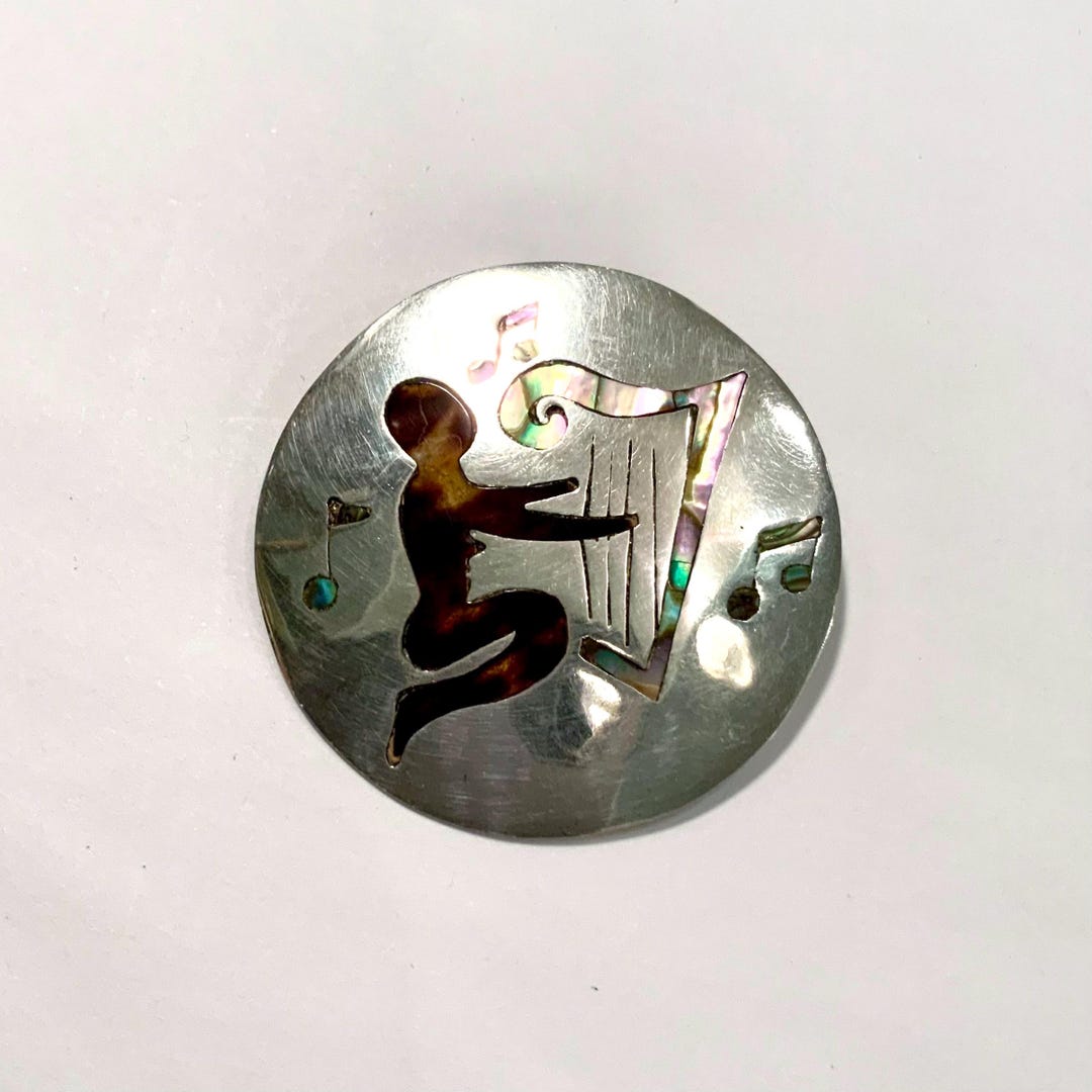 Vintage Sterling Lyre Pin, Inlayed Abalone Brooch, Ca: 1960s. - Etsy