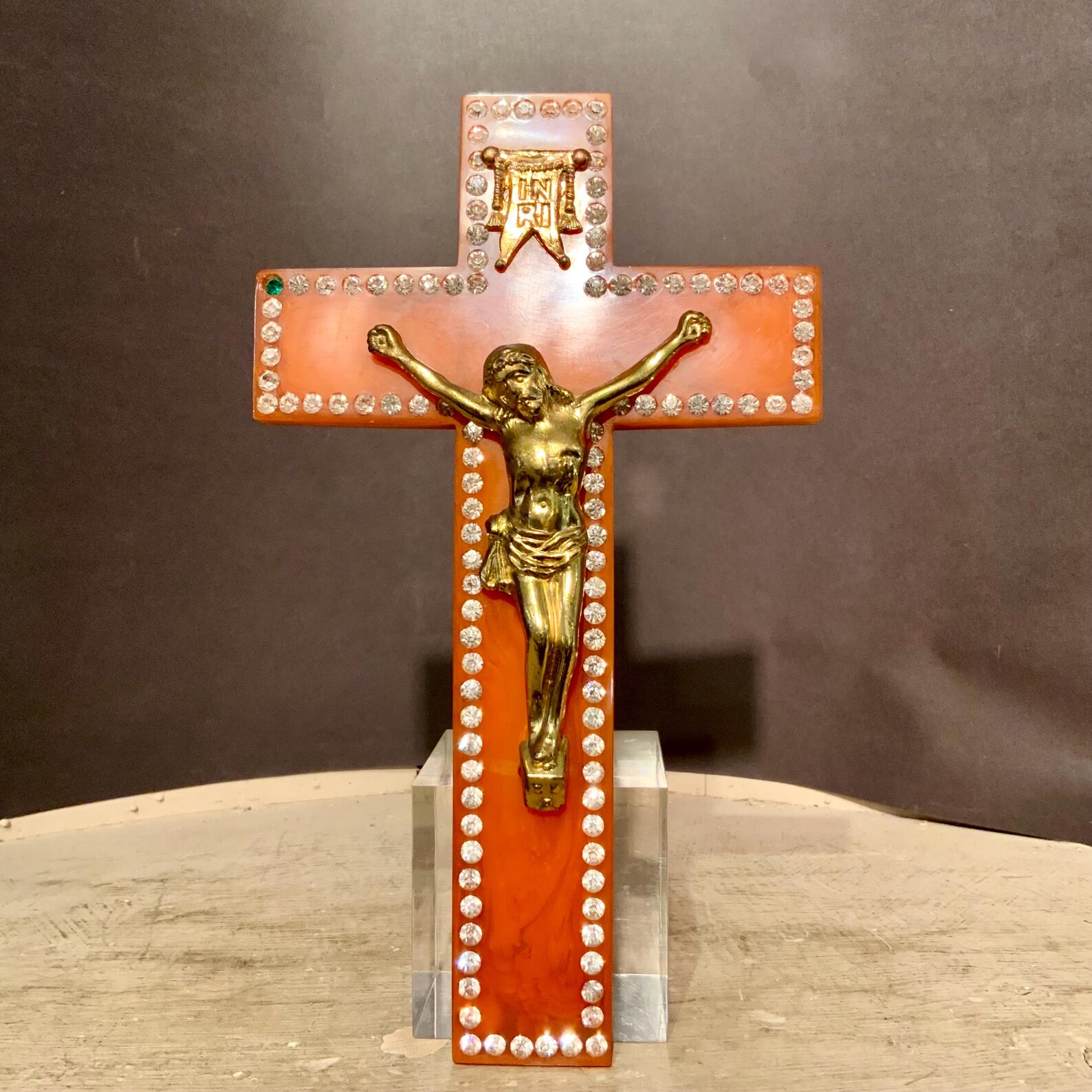Vintage Large Bakelite Cross With Jewels and Crucifix, Butterscotch, Ca ...