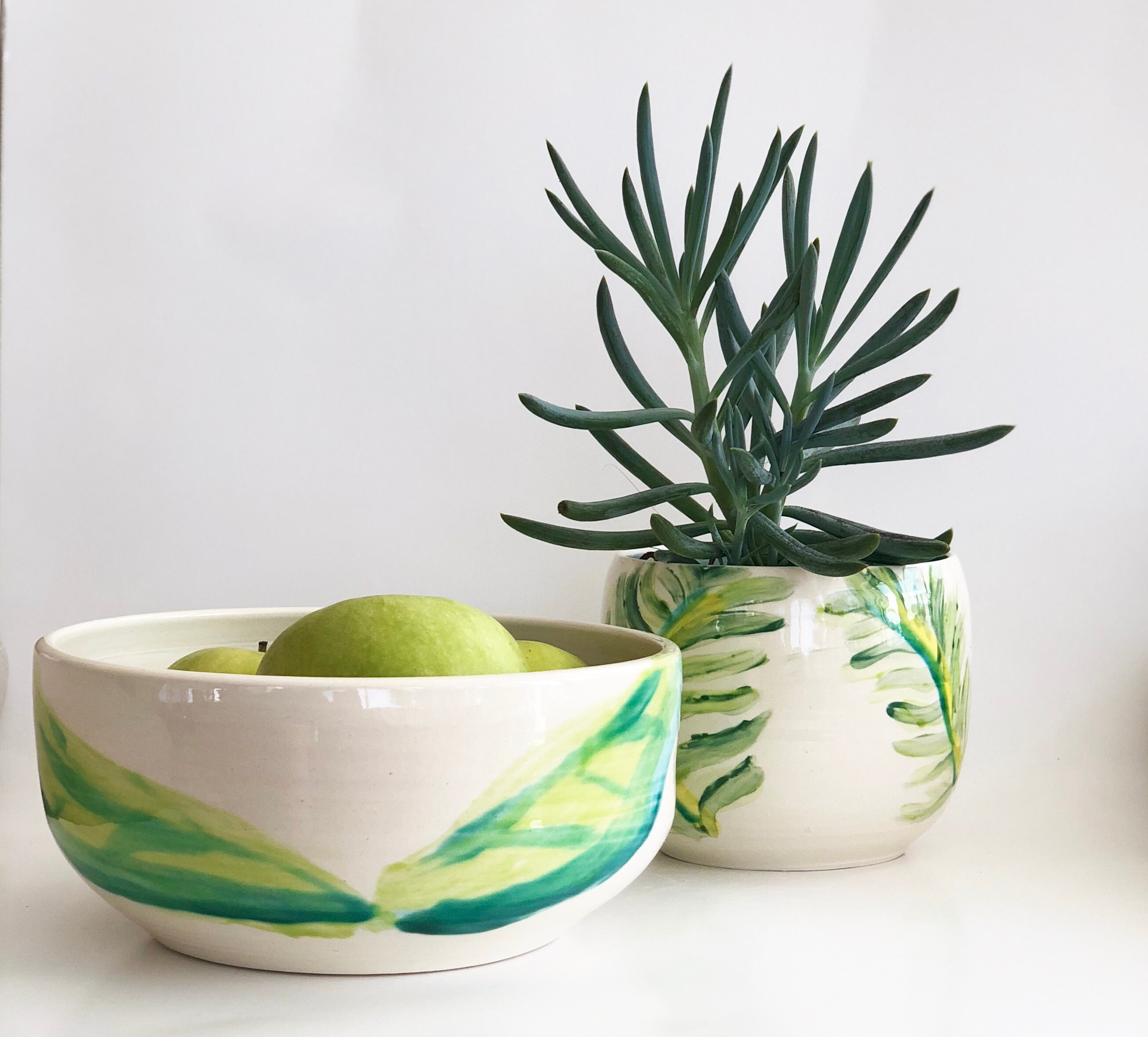 Palm Leaf Planter, Green Leaf Planter, Green and White Planter, Cache ...