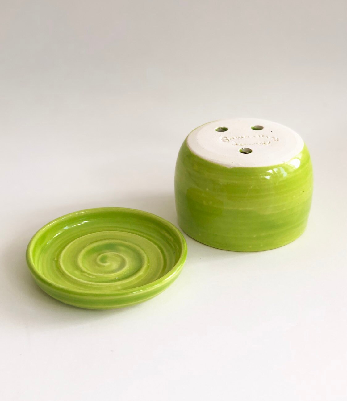 Lime Green Clay Pot with Drainage Holes and Pot Plate Handmade Wheel Thrown
