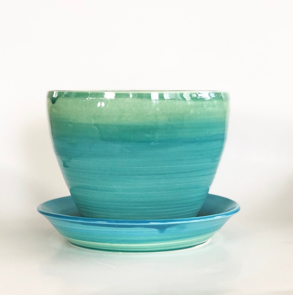 Teal and Blue Turquoise Pot with Drainage Holes and Pot Plate