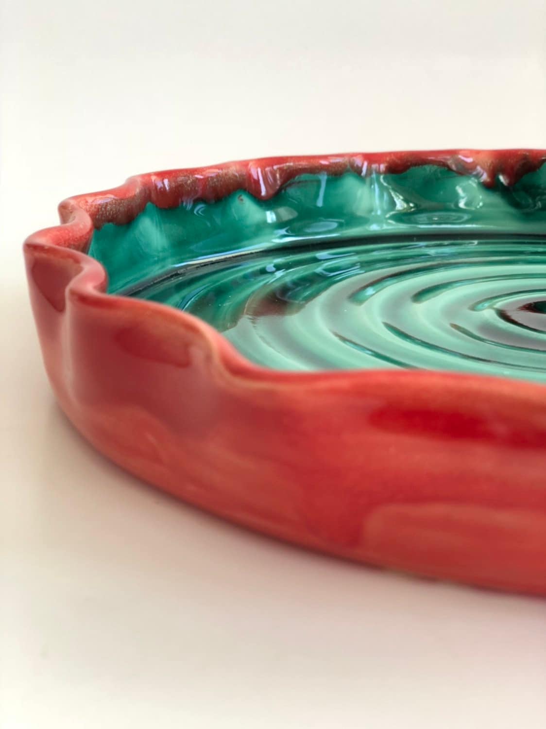 Green and Red Ceramic Serving Plate Scalloped Handmade