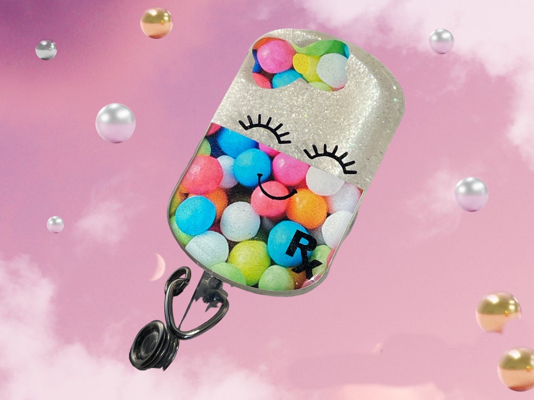 Happy Pill Badge Reel, Cute Badge Reel, Glitter Badge Reel, Permanent ...