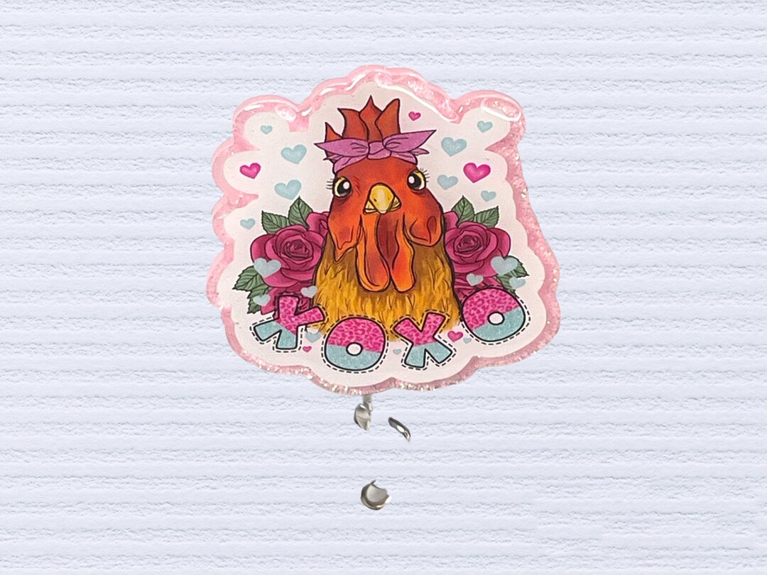 Chicken Xoxo Valentine's Day Badge Reel, Glitter Badge Reel, Permanent ...