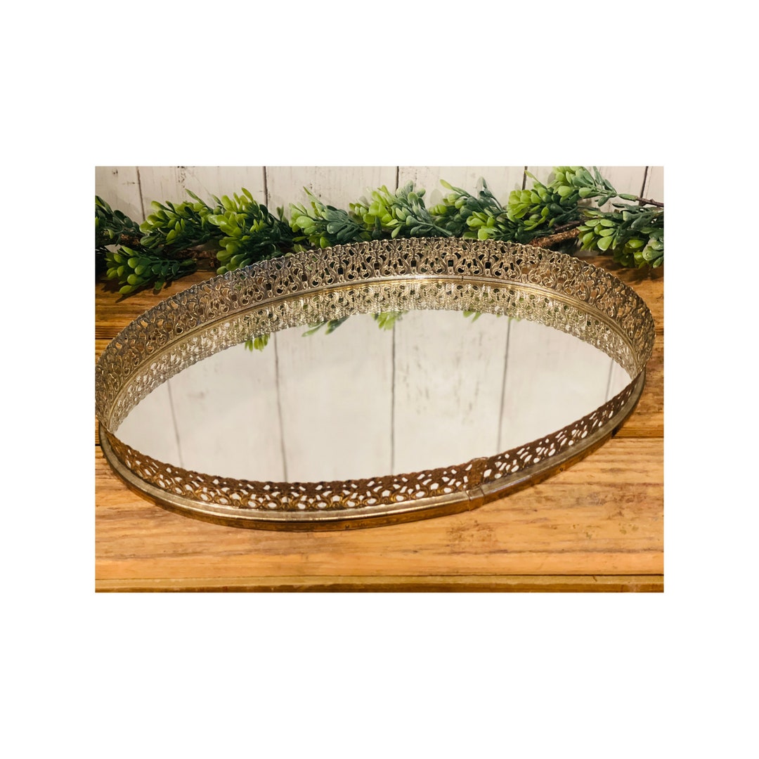 Vintage Mirror Vanity Tray Mirror Serving Tray Gold Rimmed Vanity ...