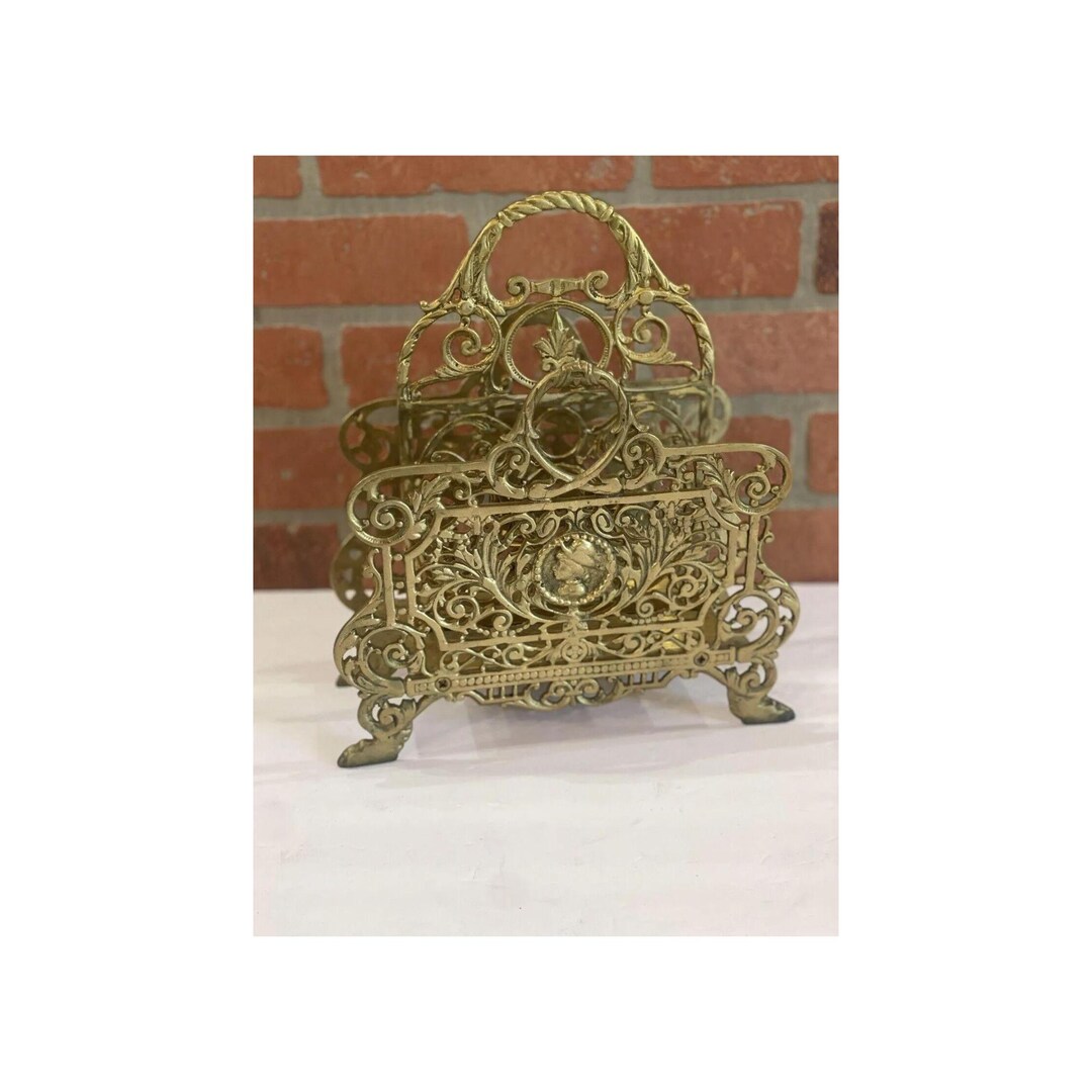 Ornate Vintage Filigree Solid Brass Magazine Book Mail Rack Holder 11 1 ...