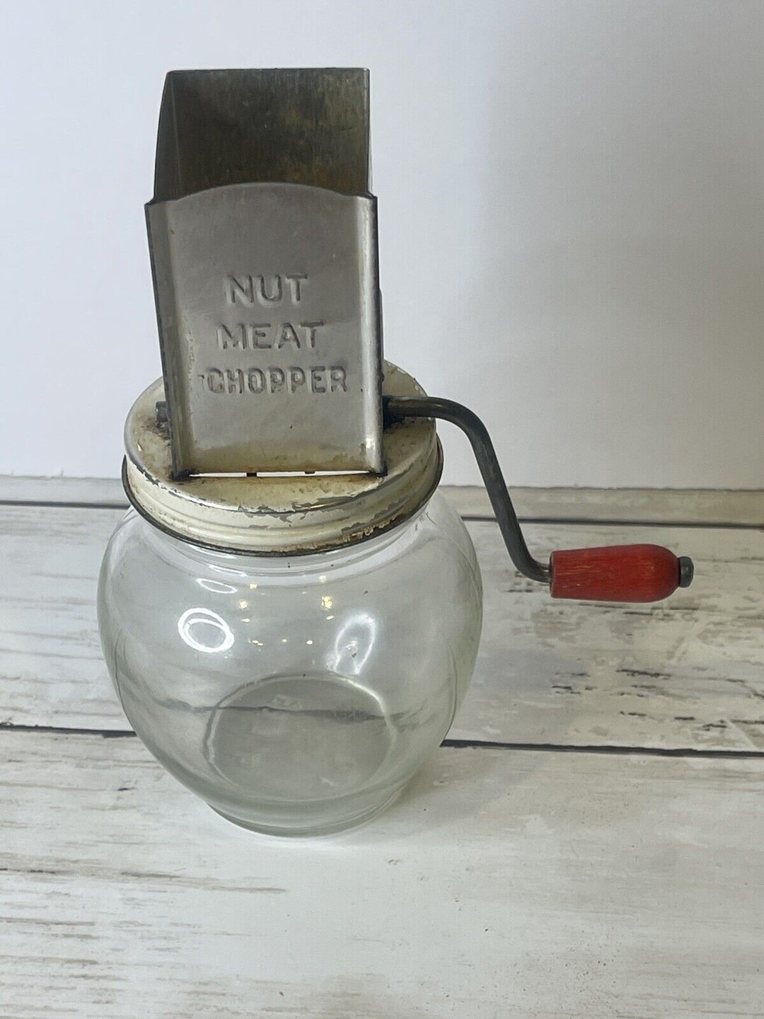 Hazel Atlas Glass Jar Nut Meat Chopper Vintage Primitive Kitchen Tool ...