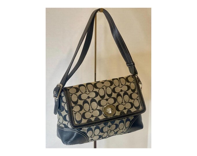 Coach Black Hampton Flap Monogram Logo Classic Signature Shoulder ...