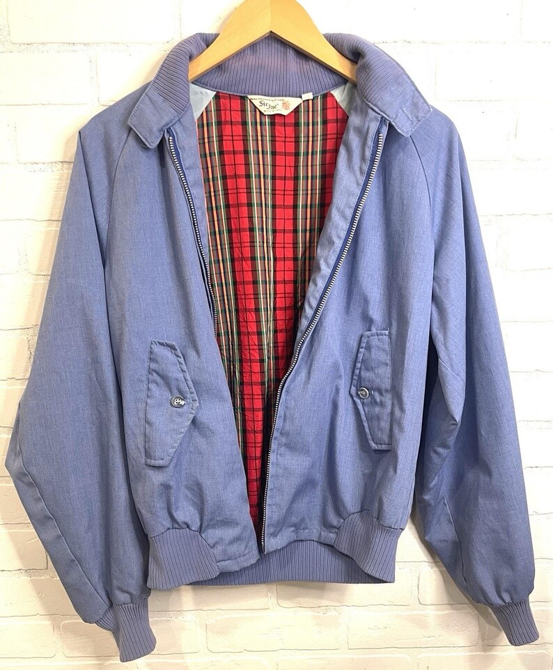 Vintage Men’s Sir Jac Jacket | Light Blue Bomber Jacket With Red Plaid ...