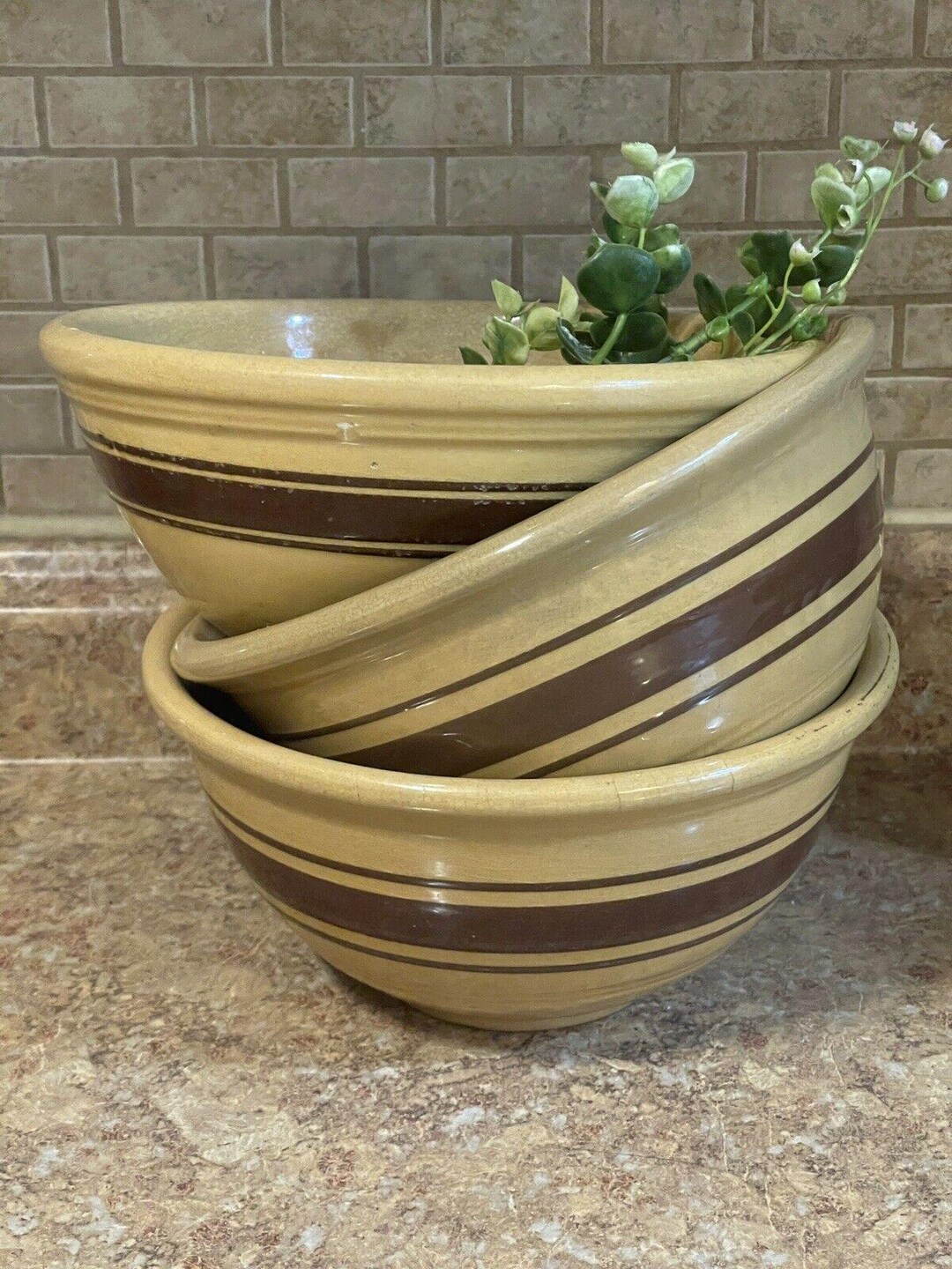 Antique Yellowware Striped Primitive Utility Mixing Serving Nesting ...