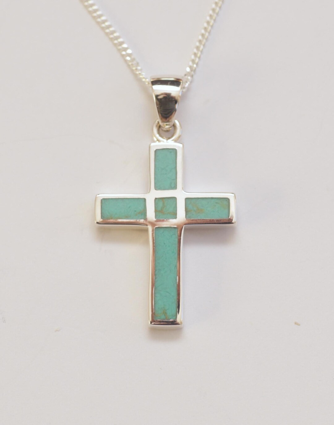 925 Sterling Silver and Reconstructed Turquoise Cross Necklace Charm ...