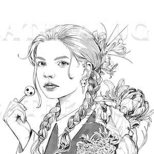 Macabre Girl, Coloring Page, Halloween, Skull Flowers, Line Art, Adult ...