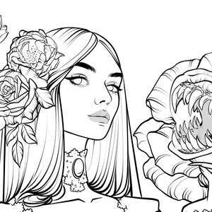 Halloween Line Art: Gothic Evil Woman, Carnivorous Plants Adult ...