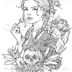Macabre Girl, Coloring Page, Halloween, Skull Flowers, Line Art, Adult ...