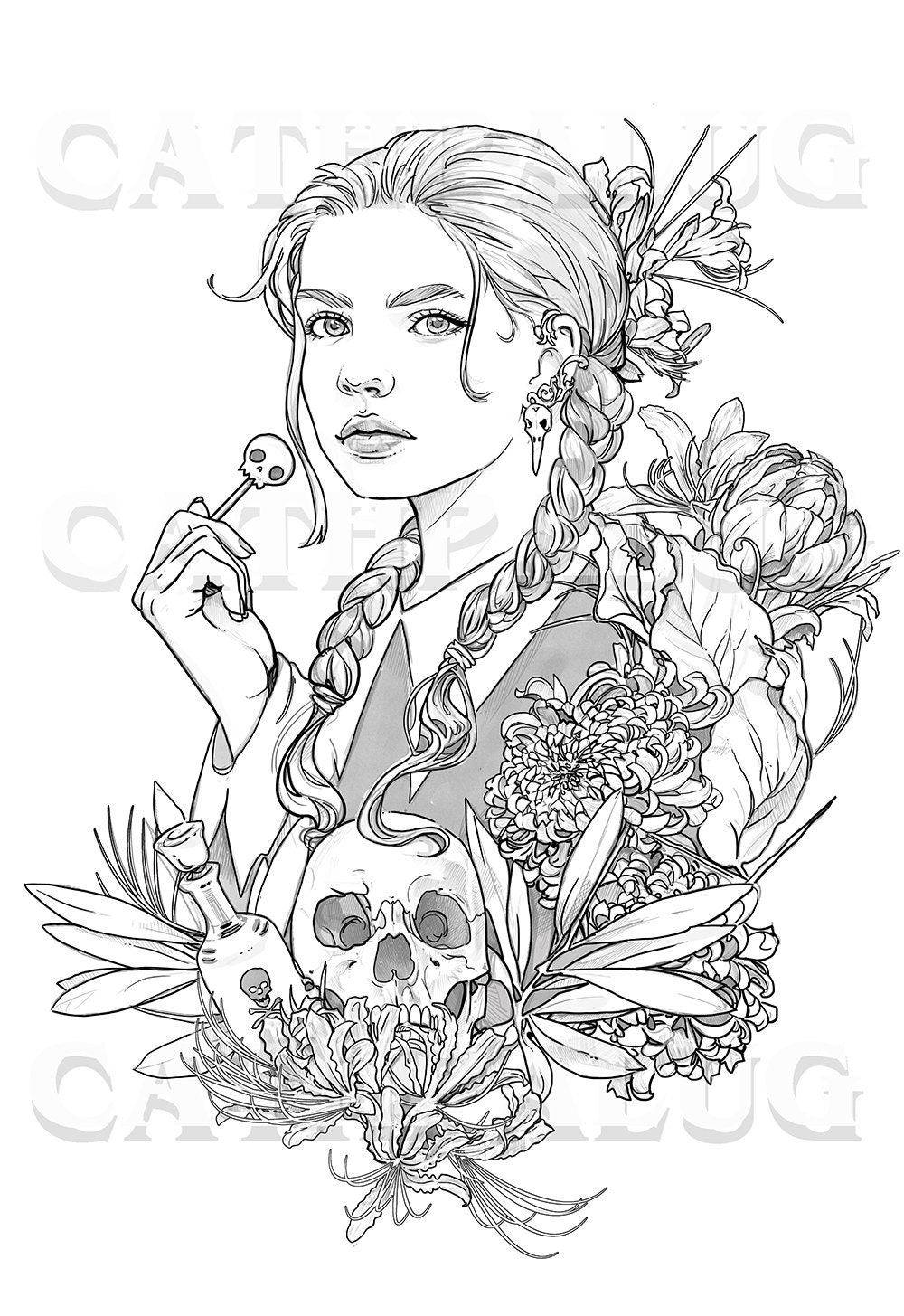 Macabre Girl, Coloring Page, Halloween, Skull Flowers, Line Art, Adult ...