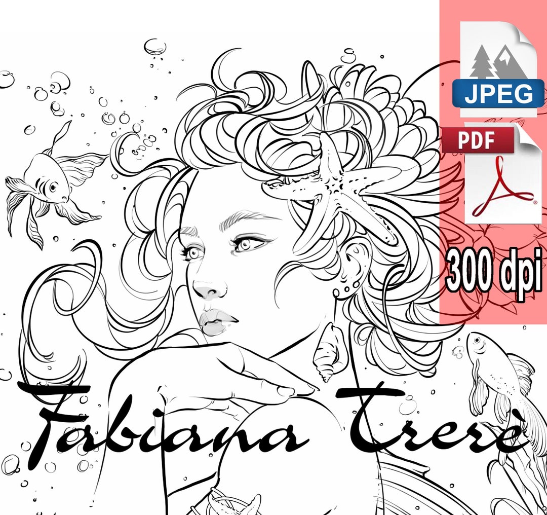 Mermaid Princess Coloring Page, Fantasy, Fairytale Line Art, Adult ...