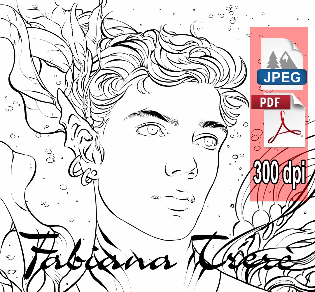 Mermaid Prince Boy, Coloring Page, Fantasy, Fairytale Line Art, Adult ...