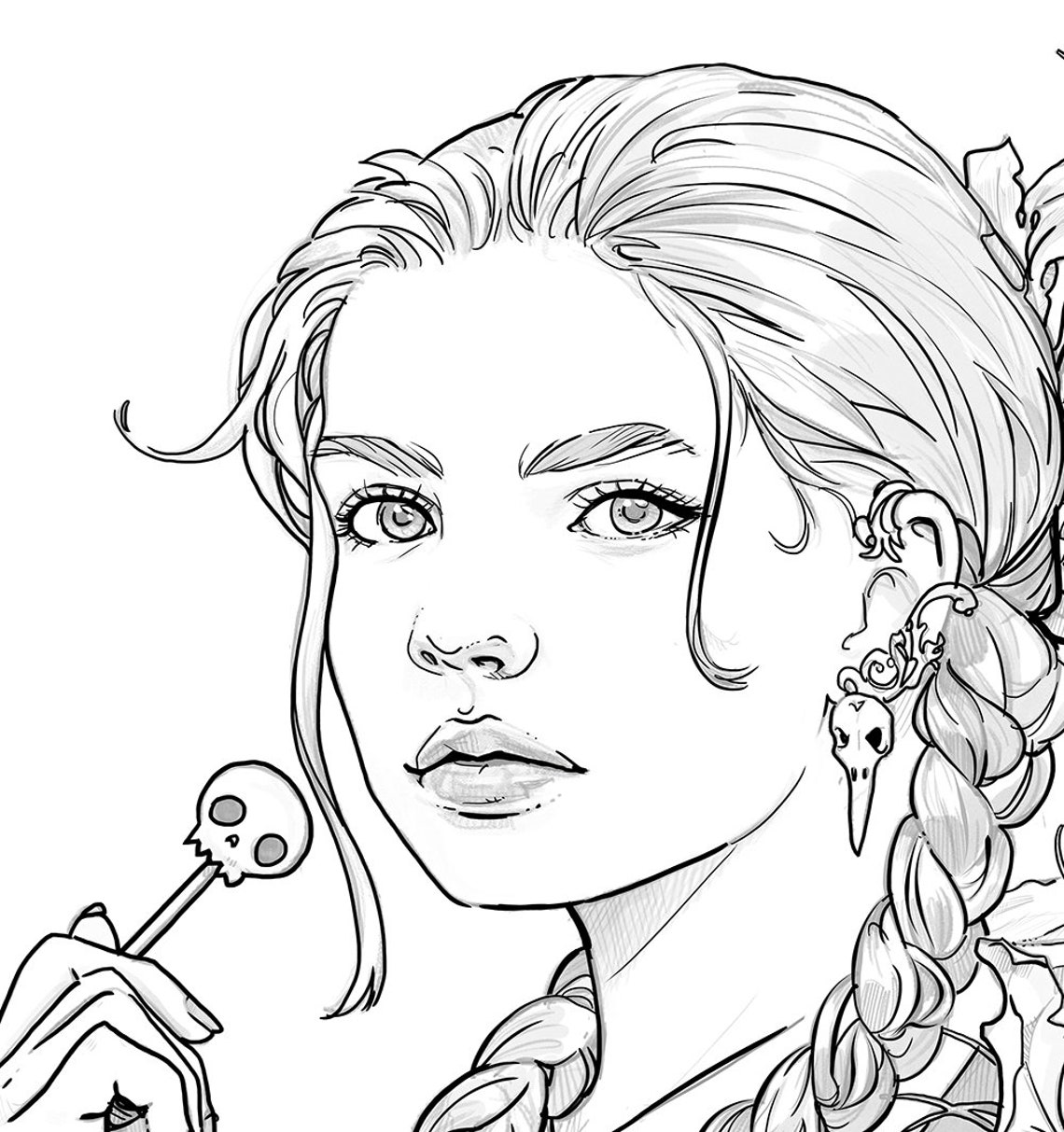 Macabre girl coloring page Halloween skull flowers line | Etsy
