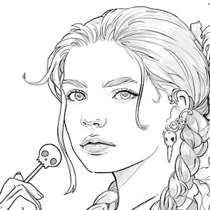 Macabre Girl, Coloring Page, Halloween, Skull Flowers, Line Art, Adult ...