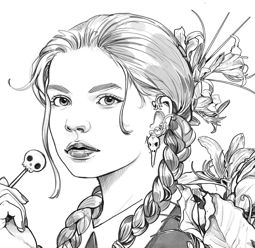Macabre Girl Coloring Page Halloween Skull Flowers Line - Etsy