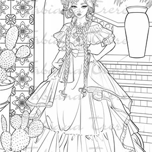 Mexican Princess , Digital Stamp, Coloring Page, Line Art, Flowers ...