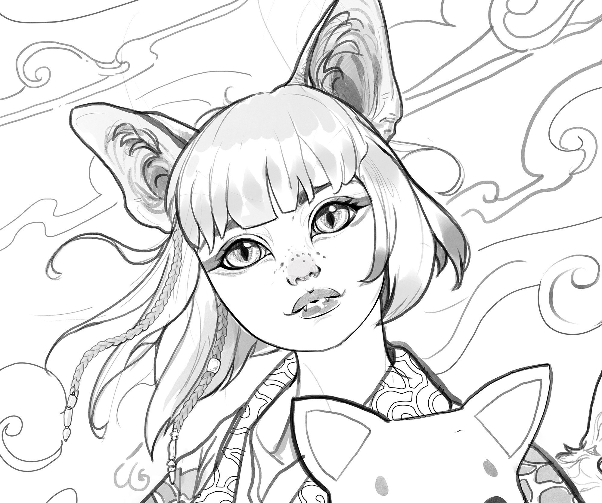 Digital Stamp Bakeneko yōkai Coloring Kimono Cat girl | Etsy