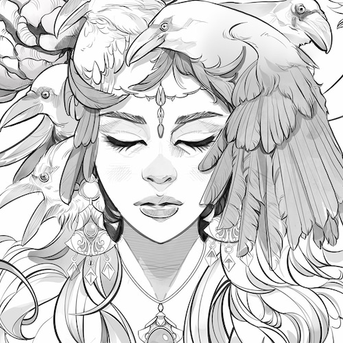 Morrigan Goddess Raven Digital Stamp Line Art Goddess of - Etsy