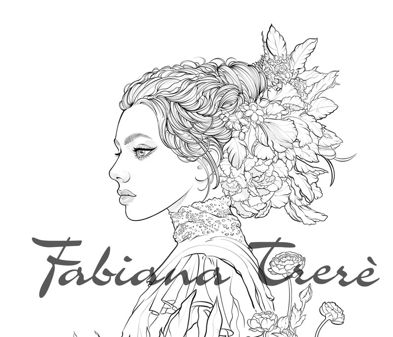 Edwardian Girl, Grayscale, Line Art Digital Stamp, Coloring Page, Line ...