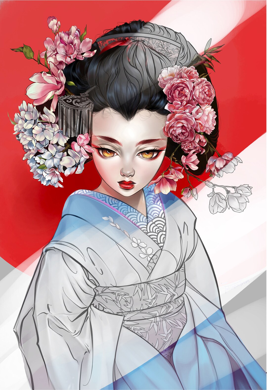 Digital Stamp, Japanese Girl Fantasy Princess, Coloring, Kimono- Geisha ...