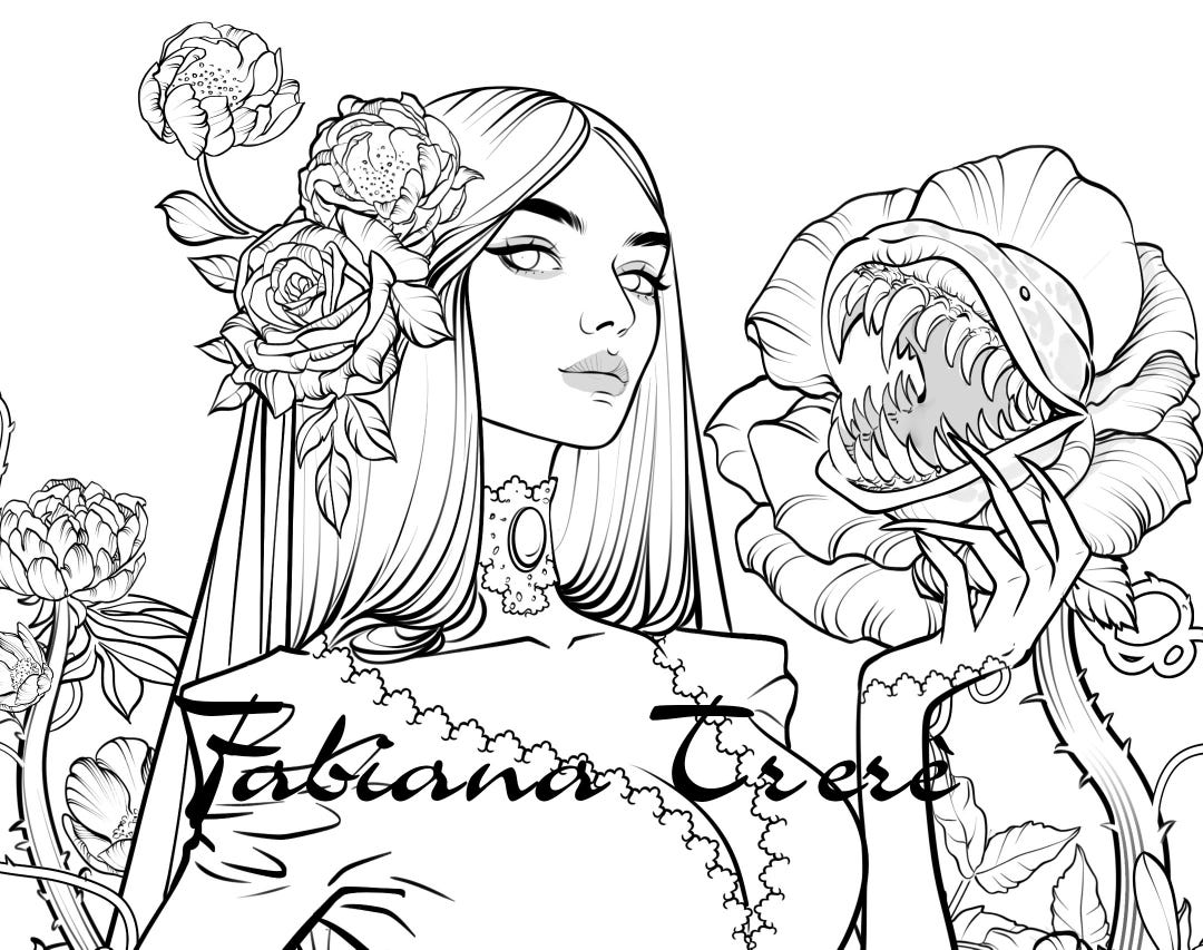 Halloween Line Art: Gothic Evil Woman, Carnivorous Plants Adult ...