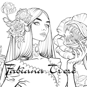 Halloween Line Art: Gothic Evil Woman, Carnivorous Plants Adult ...