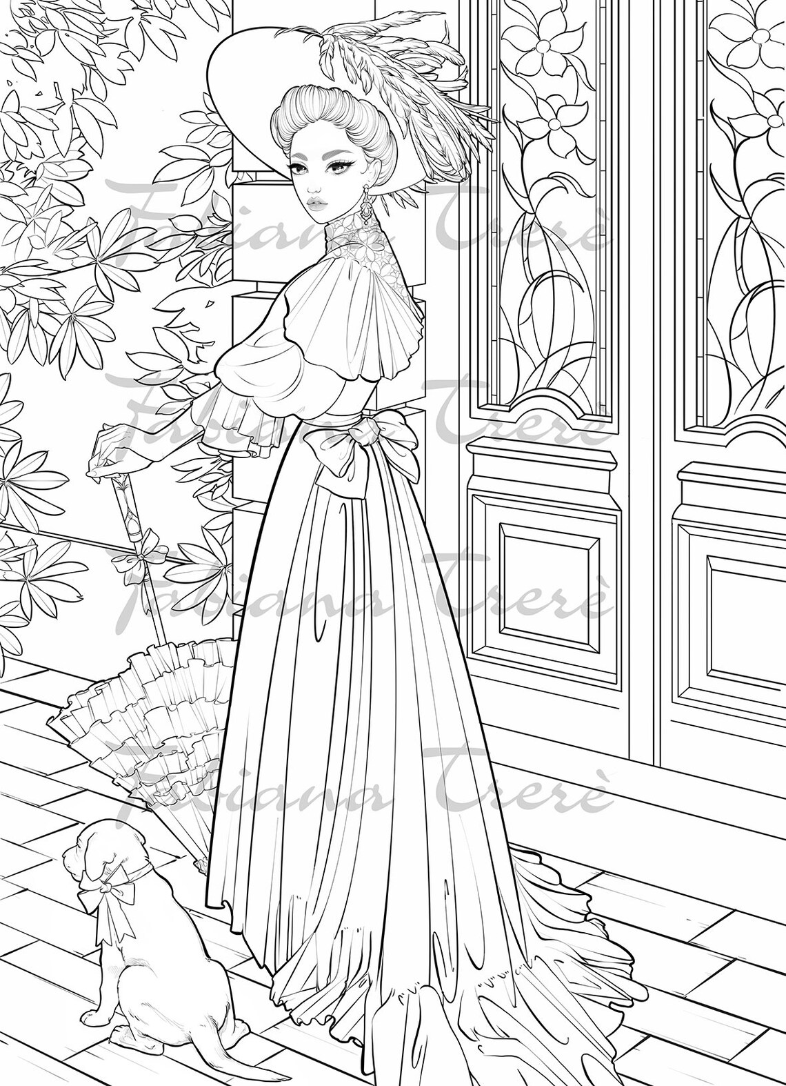 Edwardian Princess Coloring Page Line Art Digital Stamp - Etsy