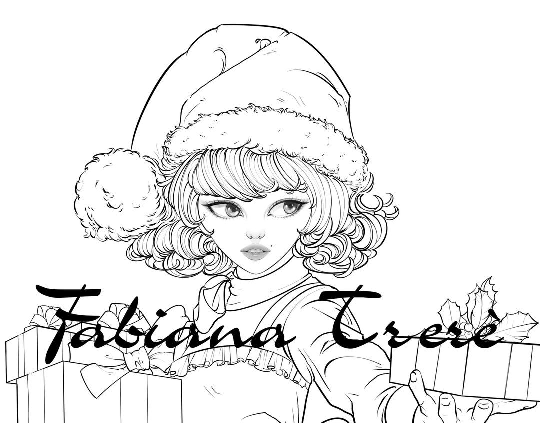 Christmas Girl, Cute, Line Art, Digital Stamp, Folklore Coloring Page ...