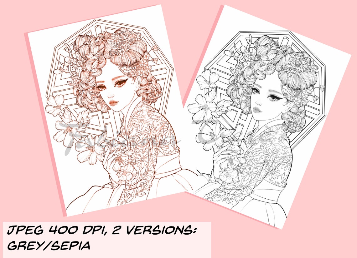 Digital Stamp korean Princess Coloring Line Art Coloring - Etsy