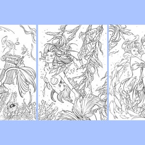 Mermaid bundle 13 pages coloring book, fantasy, fairytale line art ...