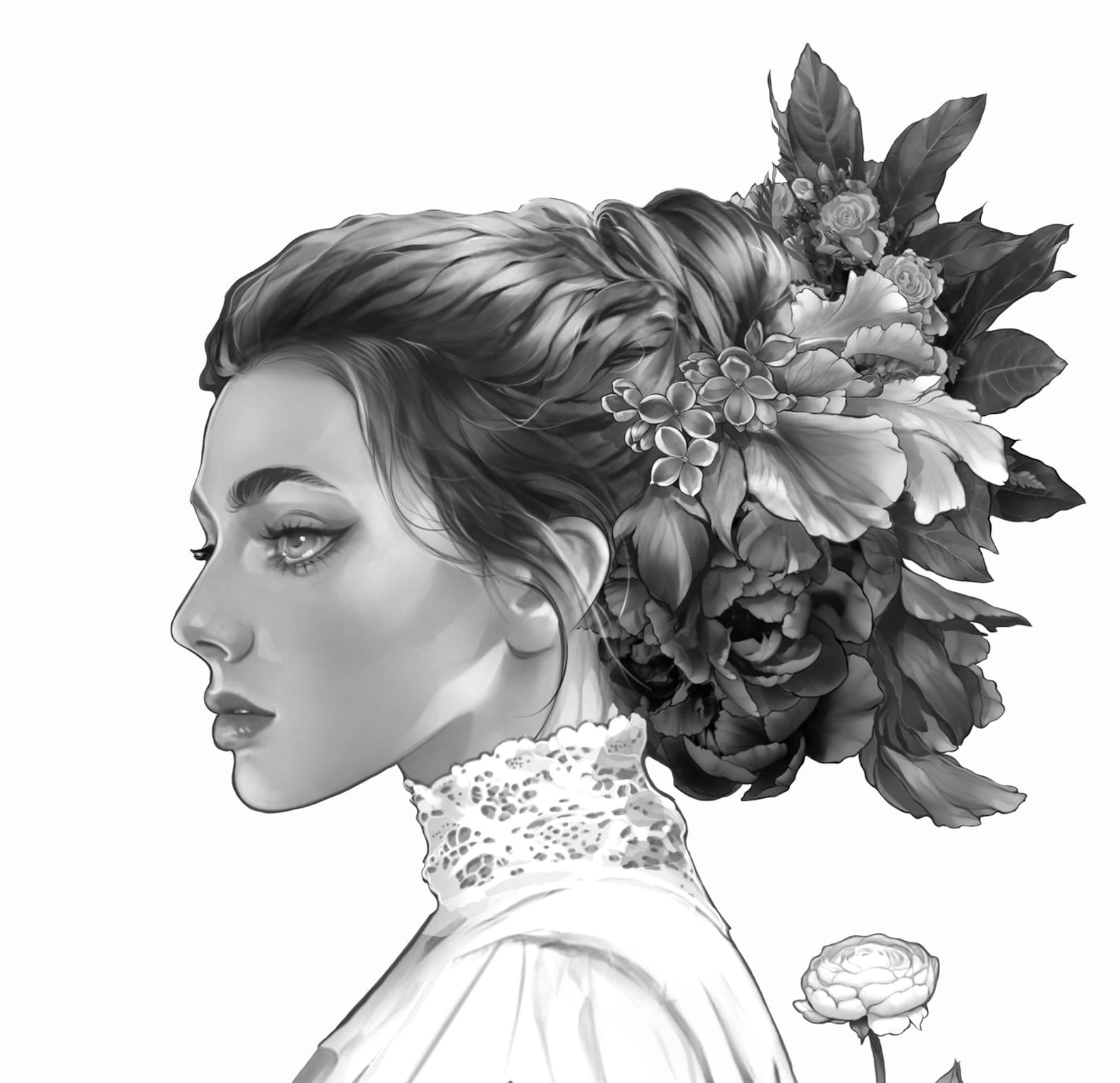 Edwardian Girl, Grayscale, Line Art Digital Stamp, Coloring Page, Line ...