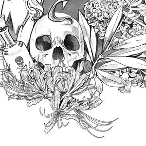 Macabre Girl, Coloring Page, Halloween, Skull Flowers, Line Art, Adult ...
