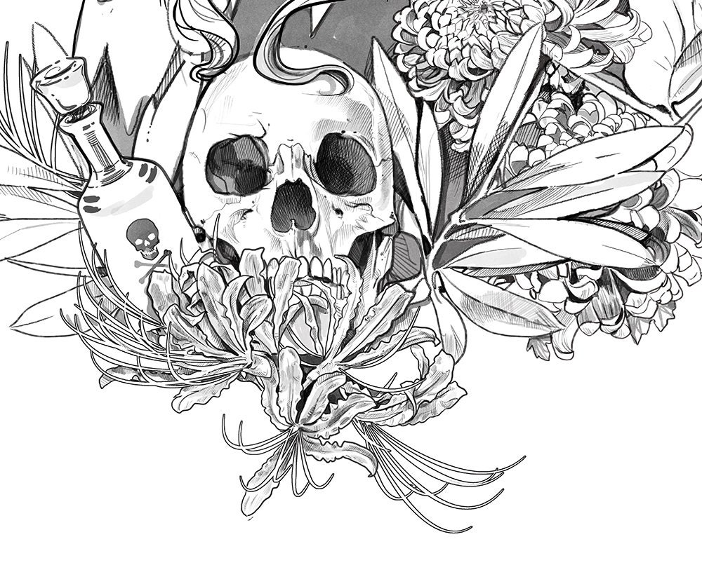 Macabre Girl Coloring Page Halloween Skull Flowers Line | Etsy
